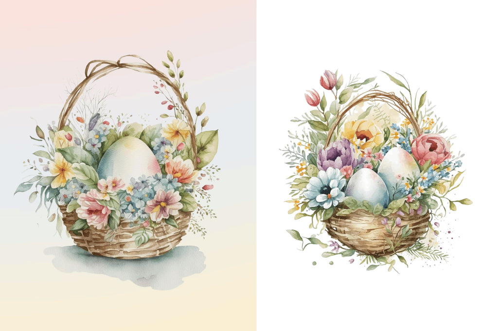 Watercolor Easter floral egg Baskets Clipart Bundle - So Fontsy
