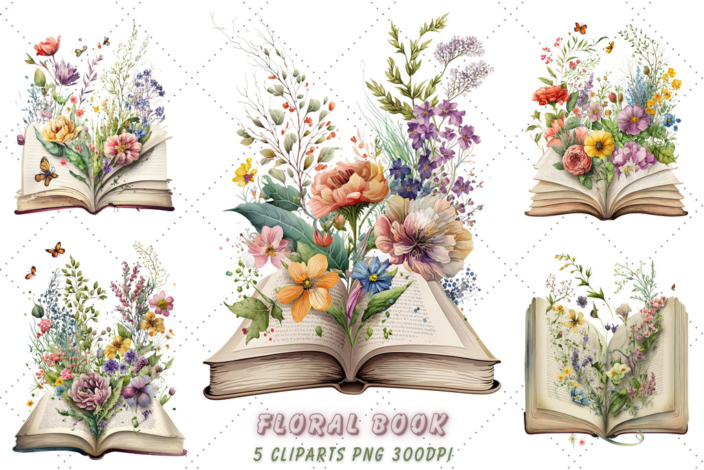 Watercolor Floral Book Clipart Bundle, Sublimation, Floral Book - So Fontsy