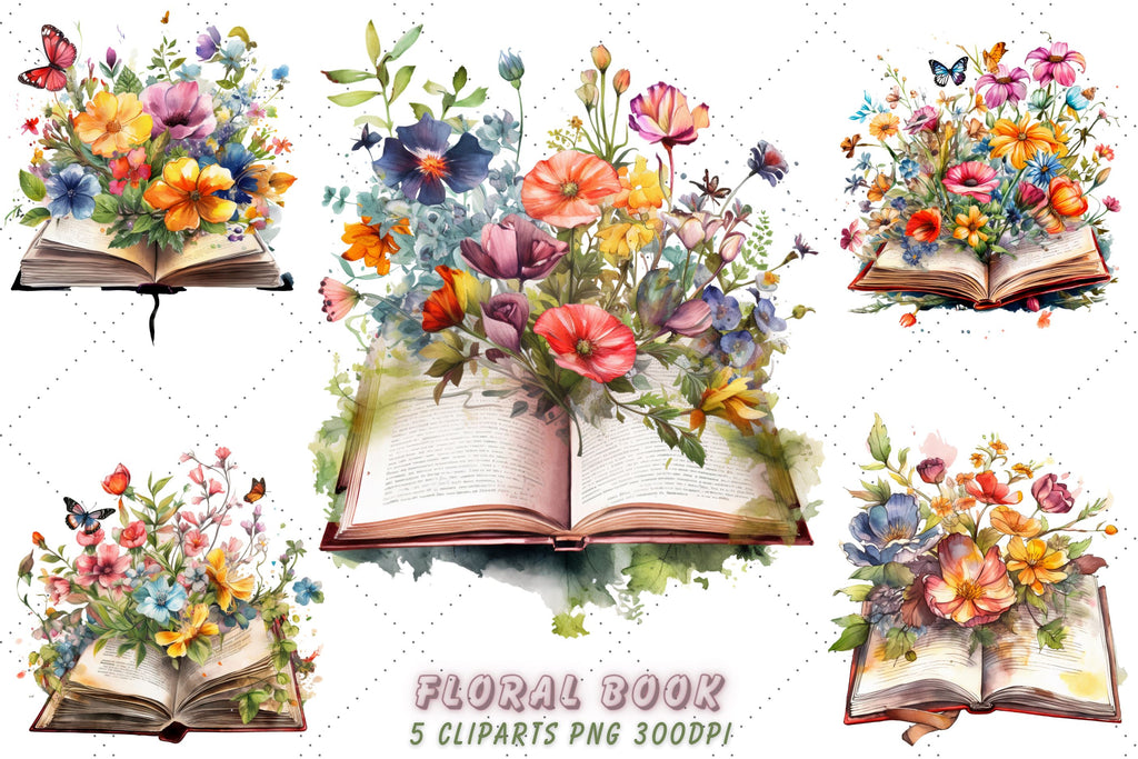 Watercolor Floral Book Clipart Bundle, Sublimation, Floral Book - So Fontsy