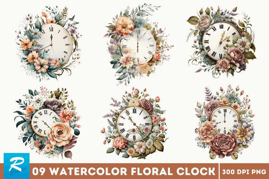 Watercolor Floral Clock Clipart Bundle - So Fontsy