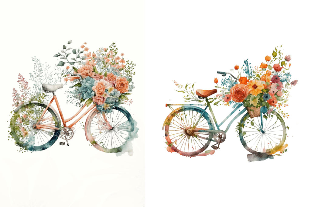 Watercolor Flower Bicycle Clipart Bundle - So Fontsy