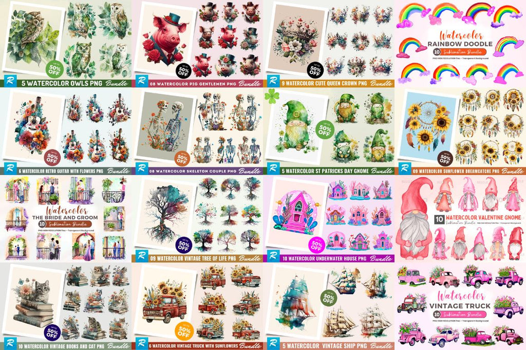 Watercolor MEGA Bundle - 700 PNG Designer Deal - So Fontsy
