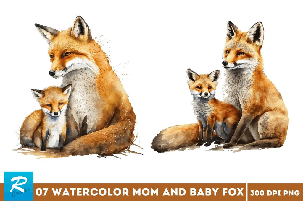 Watercolor Mom and Baby Fox Clipart Bundle - So Fontsy