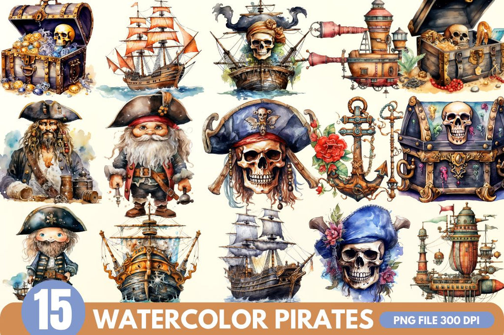 Watercolor Pirates Clipart Bundle - So Fontsy