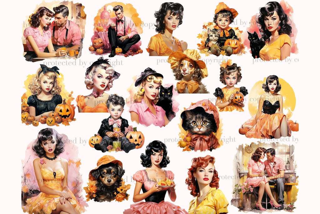 Watercolor Retro Halloween Clipart | Pumpkin Illustation PNG - So Fontsy