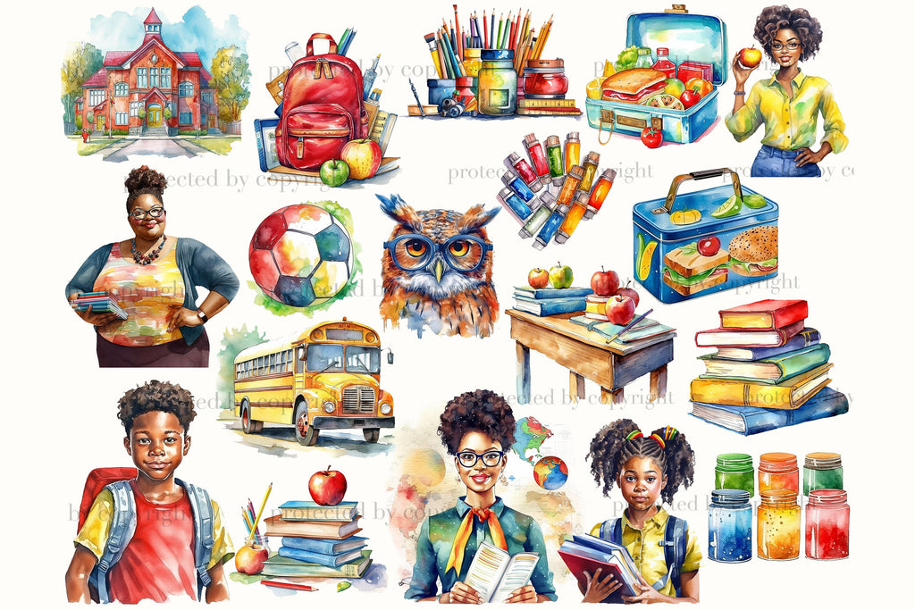 Watercolor School Clipart | Black Woman Illustration Bundle - So Fontsy