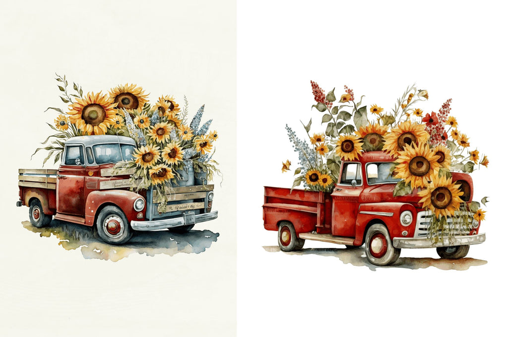 Watercolor Vintage red truck with sunflowers Clipart Bundle - So Fontsy
