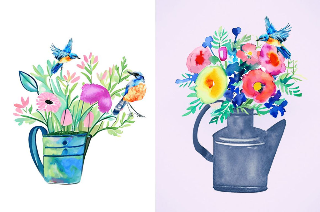 Watercolor Watering Can with Birds Clipart Bundle - So Fontsy