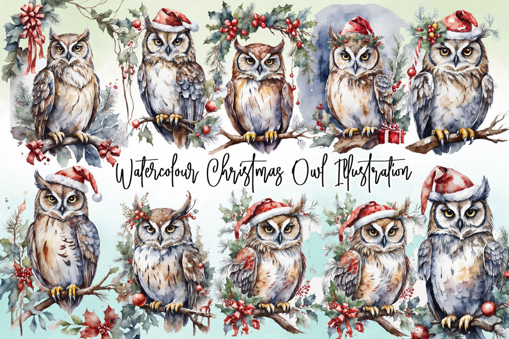 Watercolour Christmas Owl Illustration - So Fontsy