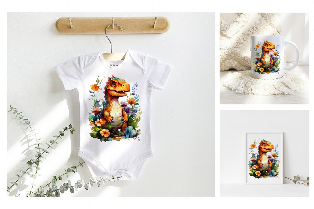 Watercolour Floral T-Rex Baby Dinosaur Sublimation PNG - So Fontsy