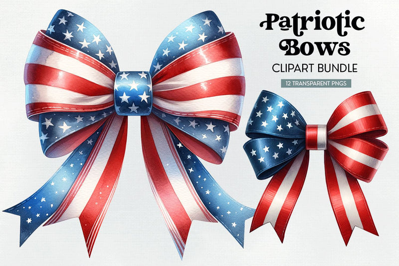 12 Patriotic Bow Clipart PNGs, Watercolor American Flag Bows - So Fontsy