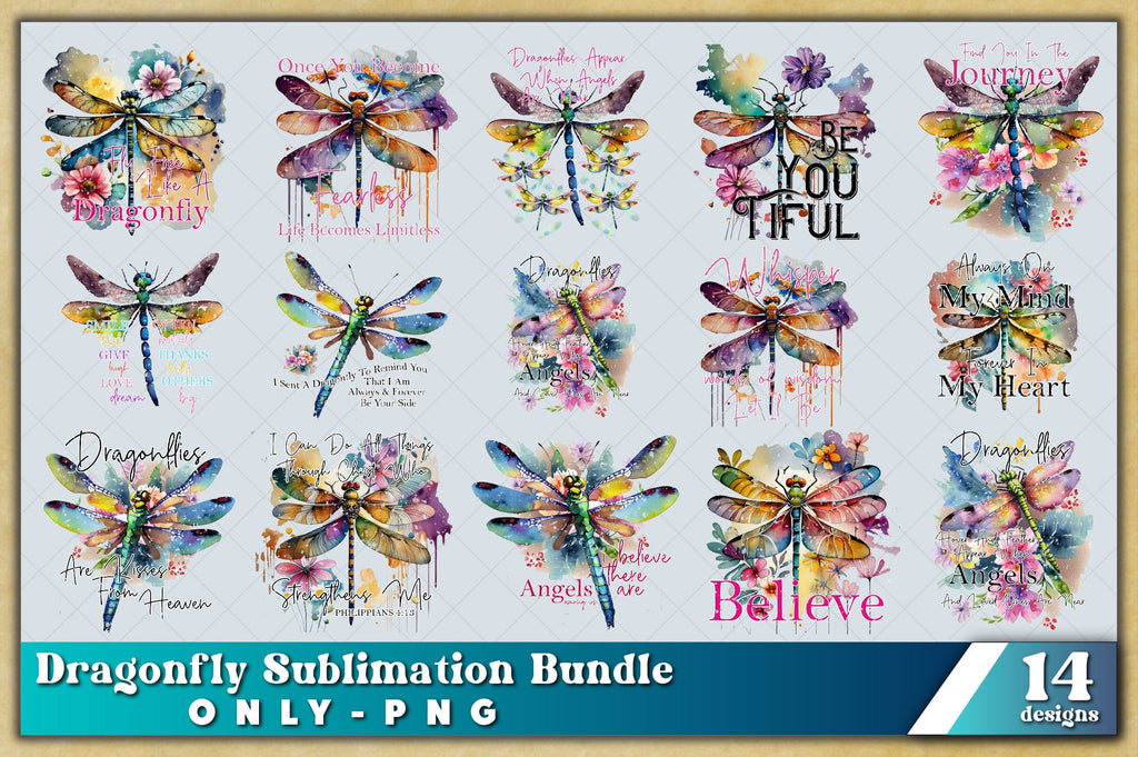 14 Dragonfly Sublimation Bundle, Insect PNG Design, Decorative ...