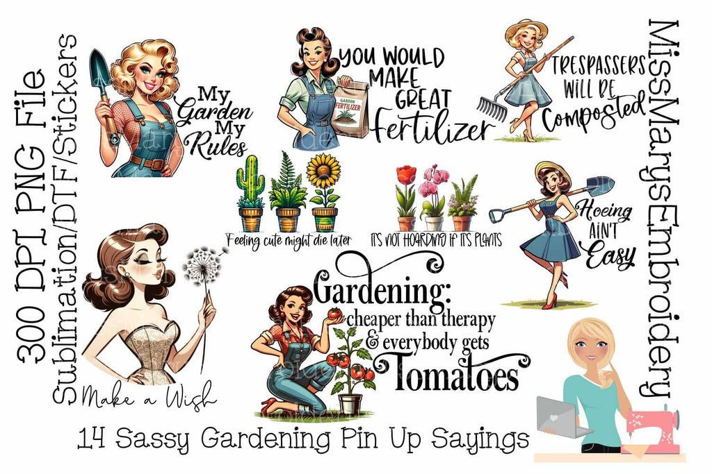 14 Sassy Gardening Pin Up Girls PNGs | Funny Gardening PNG | Vintage ...
