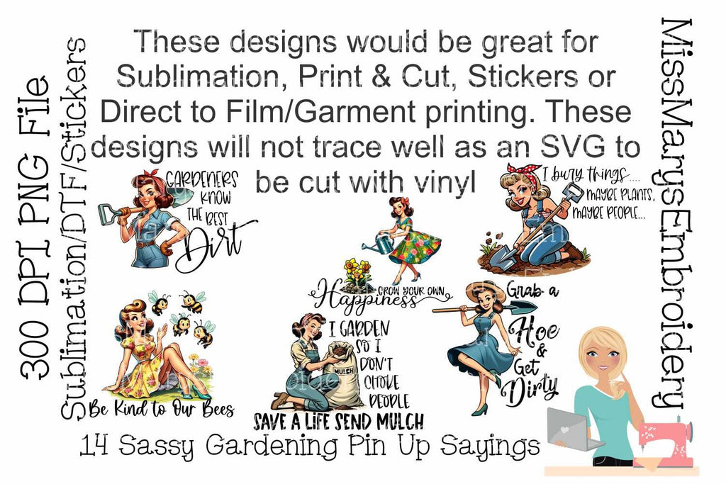14 Sassy Gardening Pin Up Girls PNGs | Funny Gardening PNG | Vintage ...