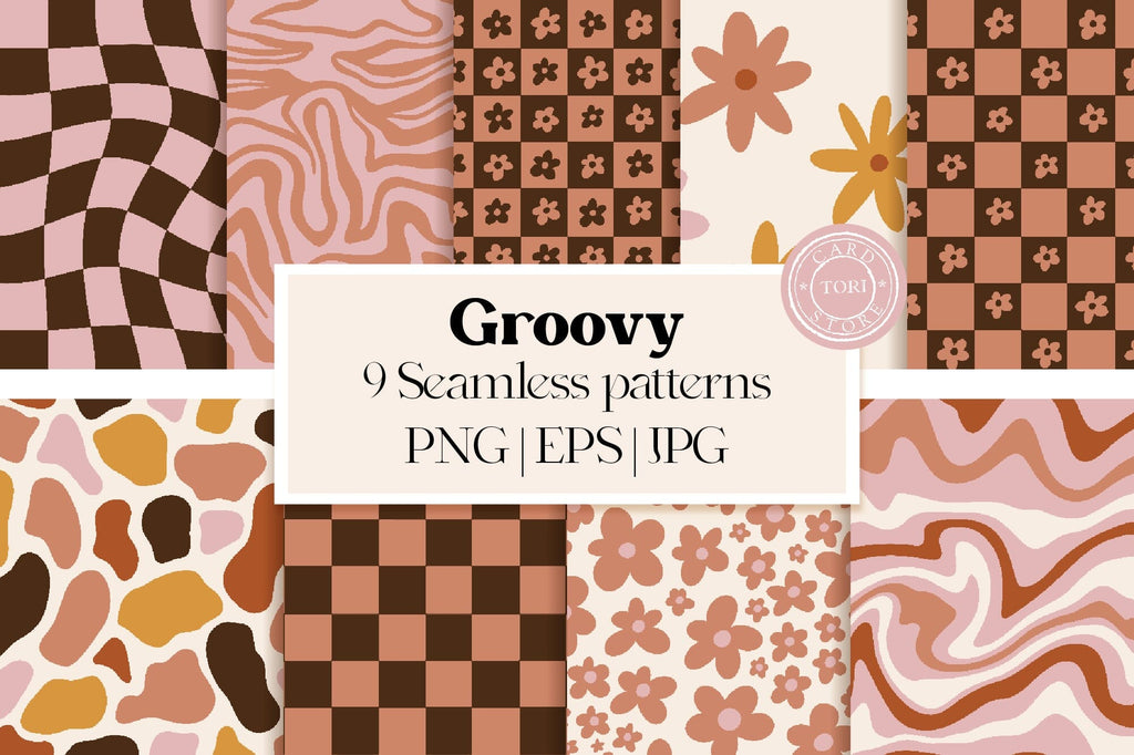 1970 Retro Groovy Digital Papers 9 Seamless Patterns - So Fontsy