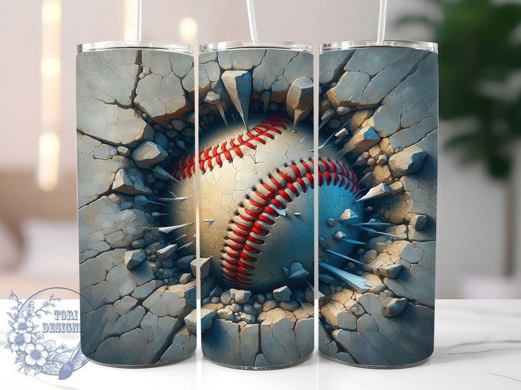 3D Baseball Cracked Wall 20oz Tumbler Wrap, Baseball Cracked Wall Mug ...