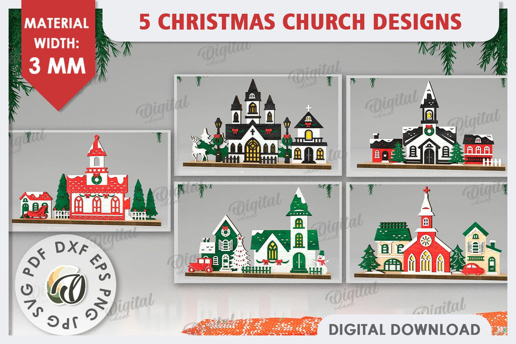 3D Christmas Churches Laser Cut Bundle. Wooden Churches SVG - So Fontsy