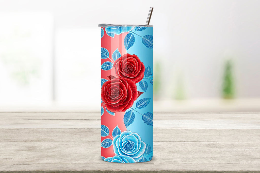 3D Fire and Ice Rose Seamless Tumbler Wrap, Red and Blue Roses, - So Fontsy