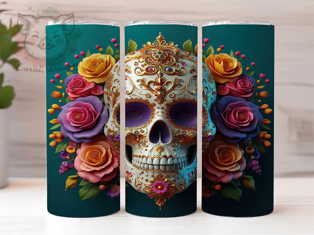 3D Floral Skull Gothic Tumbler Wrap, Floral Skull Sublimation Wrap, 20Oz Tumbler Wrap, Skull And ...