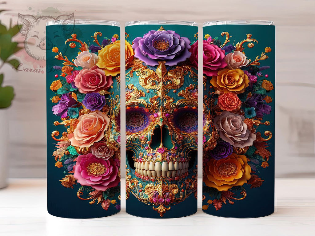 3D Floral Skull Gothic Tumbler Wrap, Floral Skull Sublimation Wrap, 20Oz Tumbler Wrap, Skull And ...