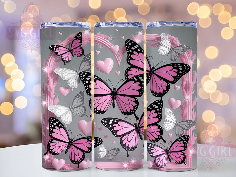 3D Glitter Butterfly Plaid Tumbler, 3D Hearts Design, Pink Plaid ...