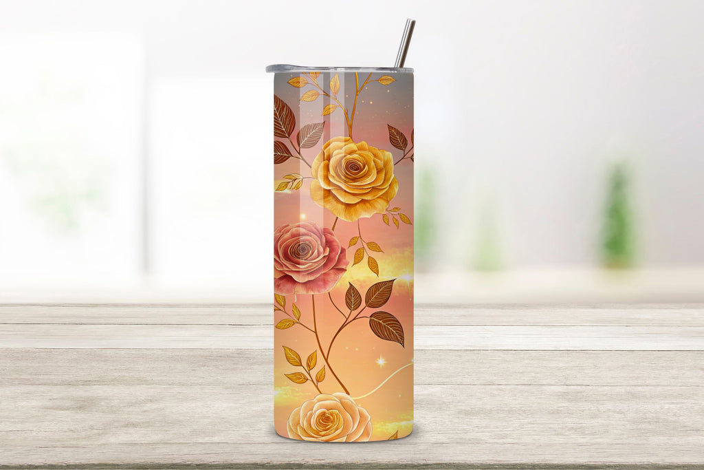 3D Golden Hour Rose Seamless Tumbler Wrap, Glowing Gold and Peach Roses ...