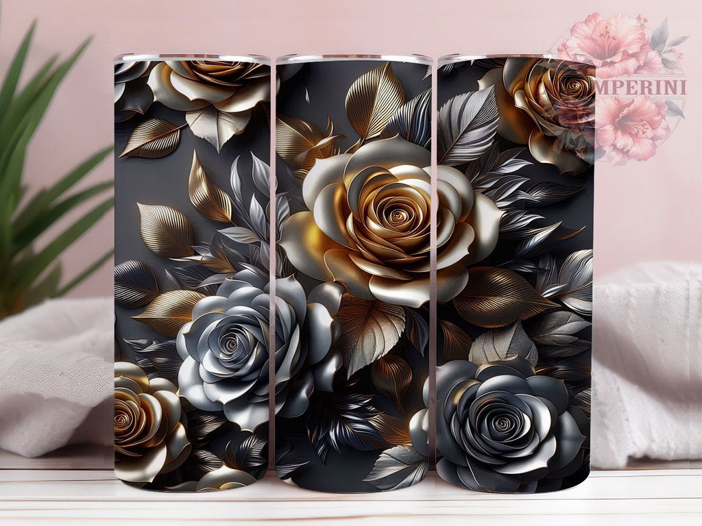 3D Golden Silver Roses Tumbler, Golden Silver Floral, Elegant Wrap ...