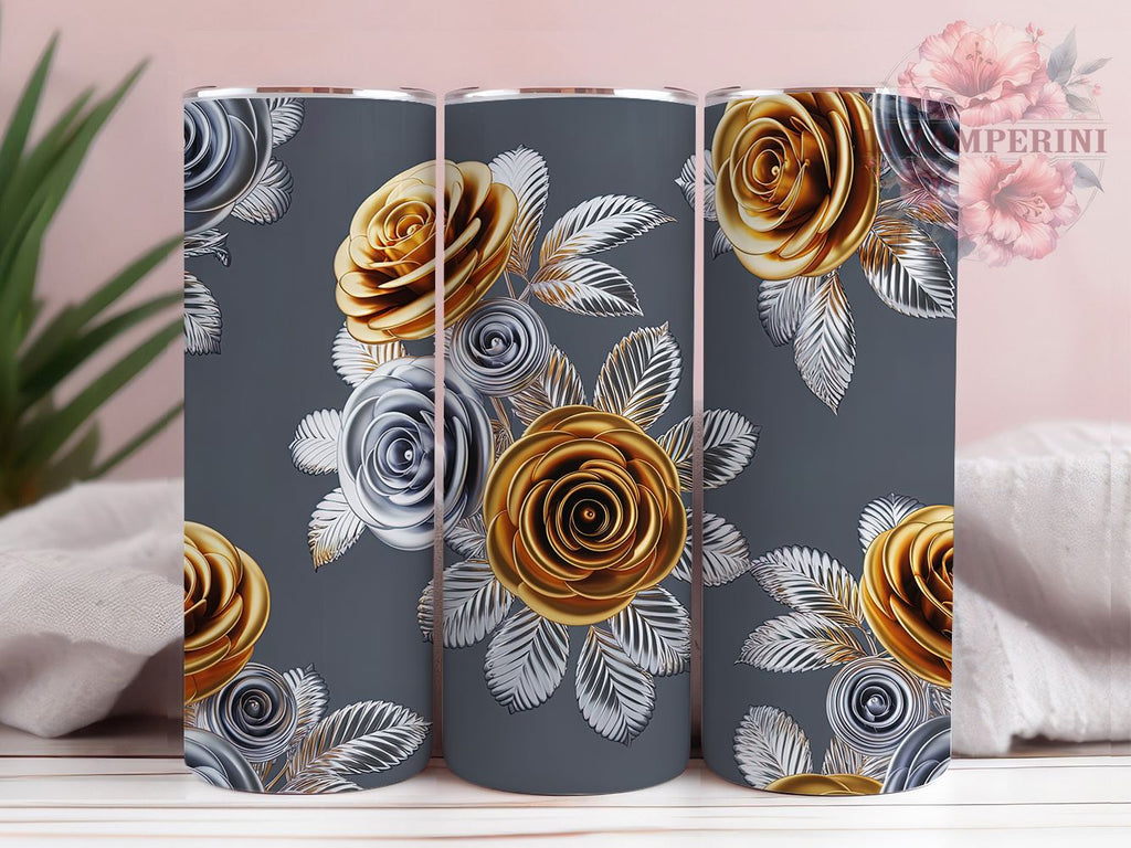 3D Golden Silver Roses Tumbler, Golden Silver Floral, Elegant Wrap ...