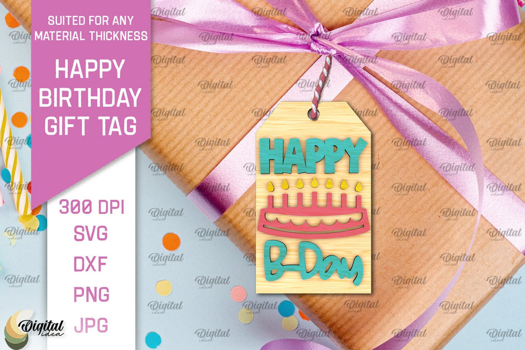 3D Happy Birthday Gift Tag Lasercut. Present label SVG - So Fontsy