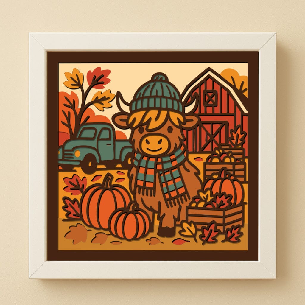 3D Highland Cow Fall Shadow Box SVG, Autumn Farm Scene Layered Papercut ...