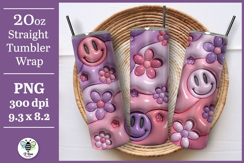3D Inflated Puff Tumbler Wrap | 3D Floral Smiley PNG - So Fontsy