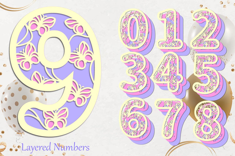 3d Layered numbers with butterfly svg, Laser cut Birthday decor - So Fontsy