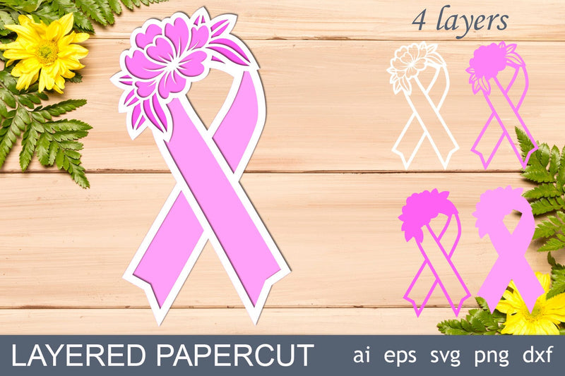 3d layered pink ribbon with flowers, Breast cancer awareness svg - So ...