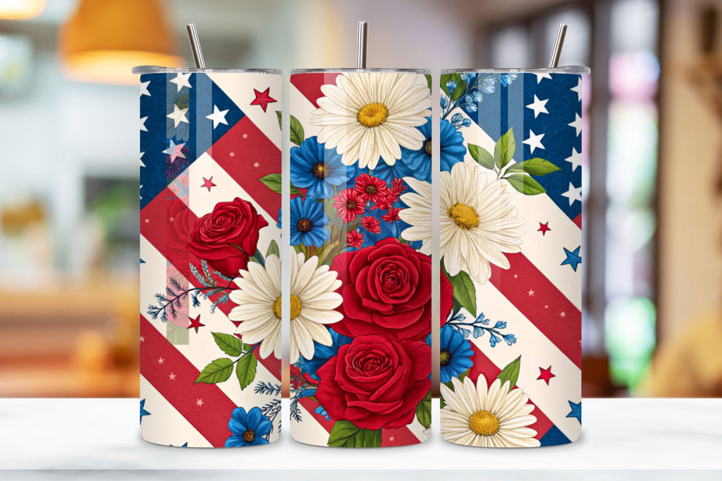 3D Memorial Day Floral Seamless Tumbler Wrap, Patriotic Flowers and ...