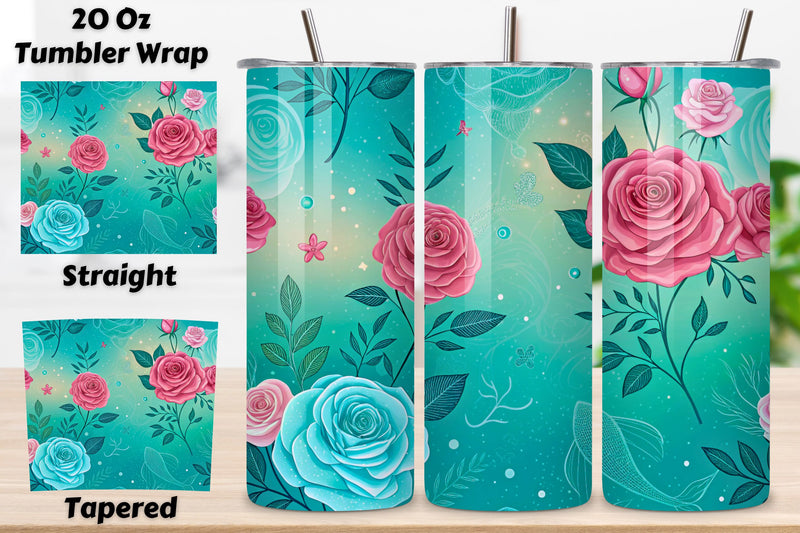 3D Mermaid Rose Seamless Tumbler Wrap, Turquoise and Pink Roses, - So ...