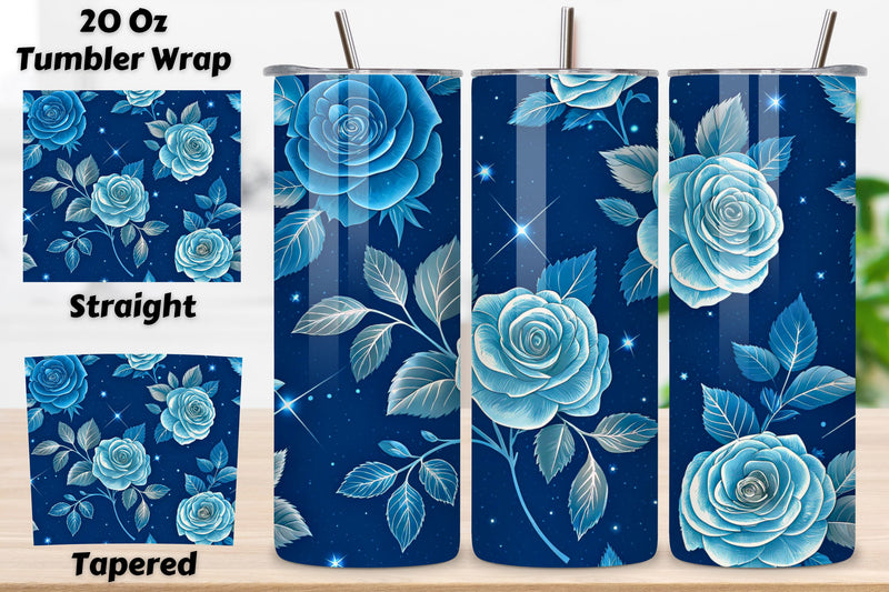 3D Moonlit Rose Seamless Tumbler Wrap, Silver-Blue Roses with Glow ...