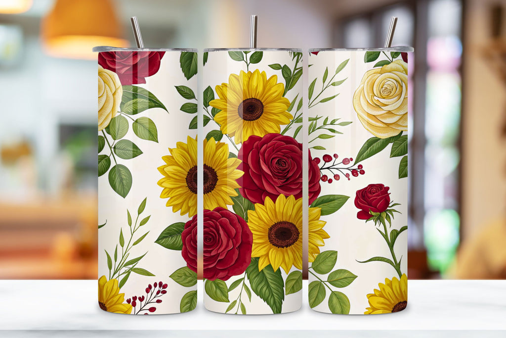 3D Rose and Sunflower Seamless Tumbler Wrap, Bright Yellow and Red Tones, seamless tumbler wrap ...