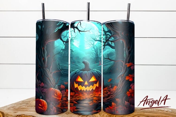 3d tumbler wrap sublimation / scary pumpkin face png - So Fontsy
