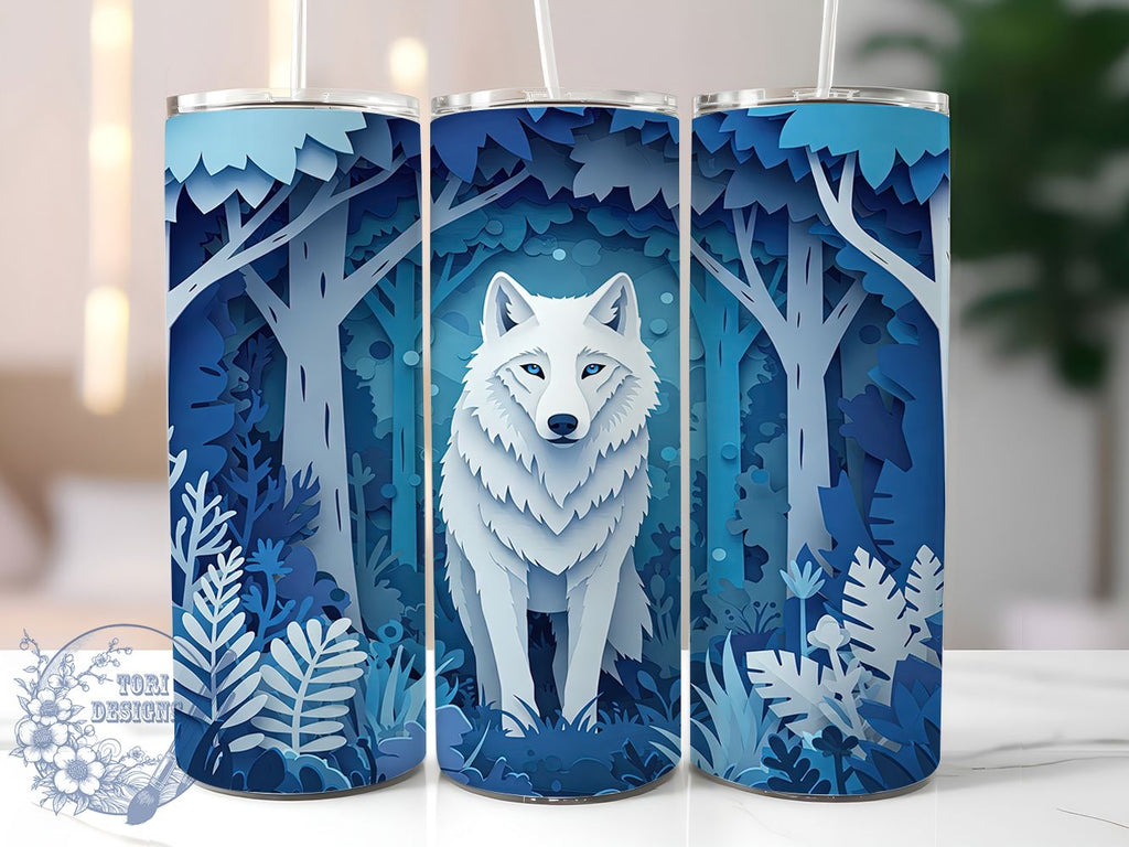 3D White Wolf Papercut 20oz Winter Tumbler Wrap, Elegant Wolf ...
