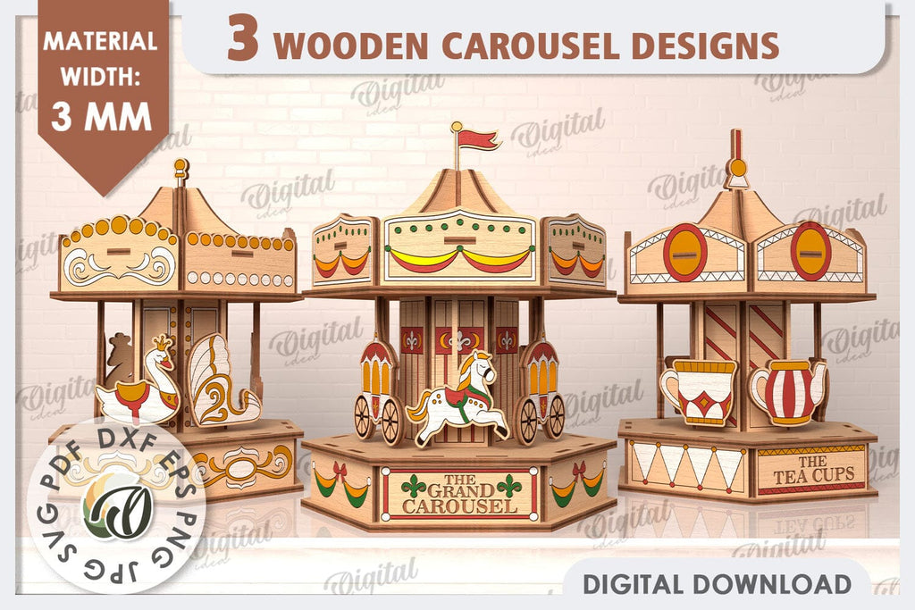 3D Wooden Carousel Laser Cut Bundle. Wooden Kids Toys SVG - So Fontsy
