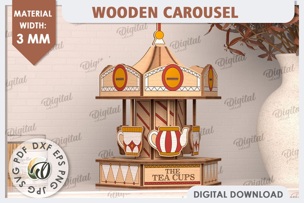 3D Wooden Carousel Laser Cut Design. Wooden Kids Toy SVG - So Fontsy