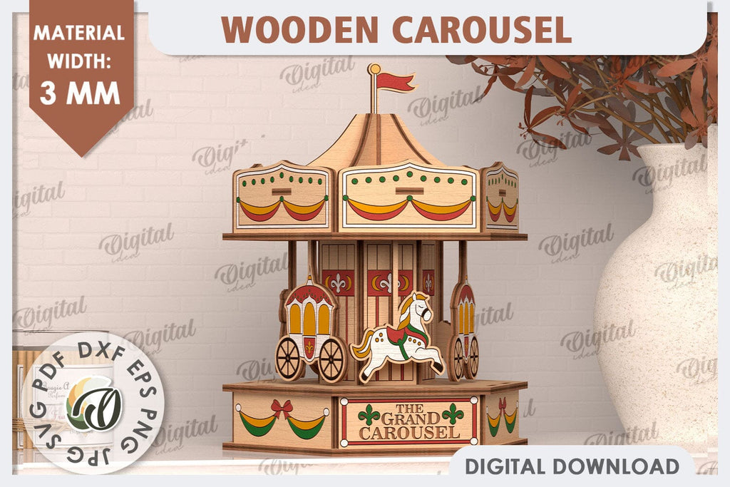 3D Wooden Carousel Laser Cut Design. Wooden Kids Toy SVG - So Fontsy