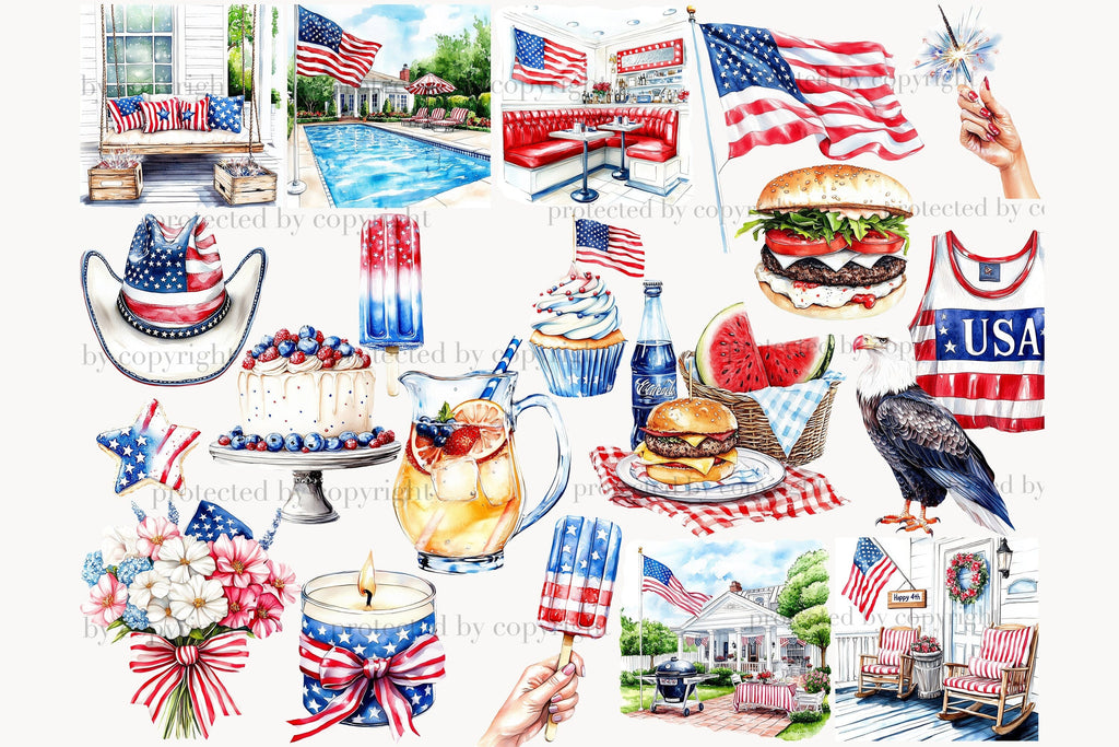 4th of July Clip Art Patriotic Illustrations | American Flag - So Fontsy