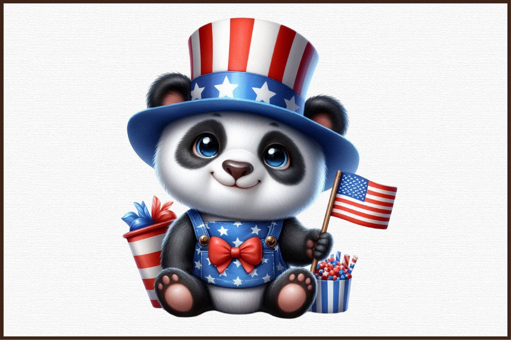 4th of July Panda Watercolour Clipart - So Fontsy