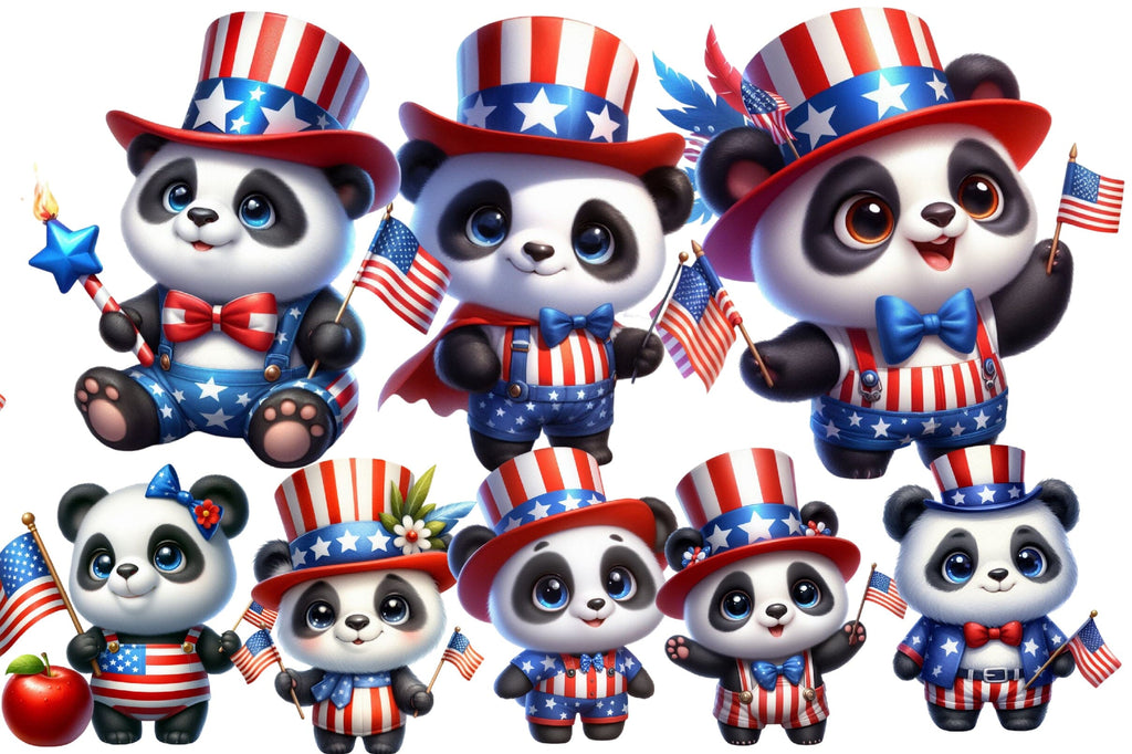 4th of July Panda Watercolour Clipart - So Fontsy