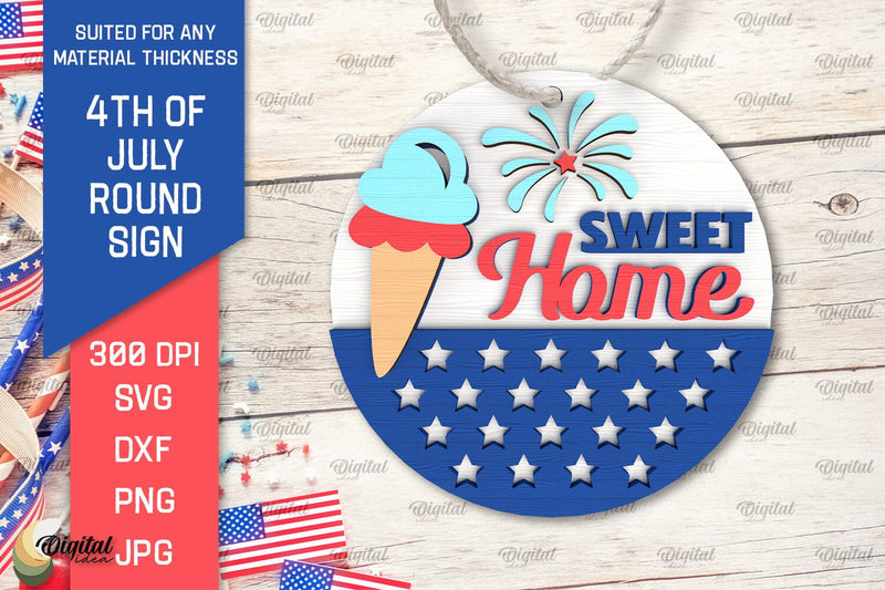 4th of July Round Sign Laser Cut. Patriotic Welcome Sign SVG - So Fontsy