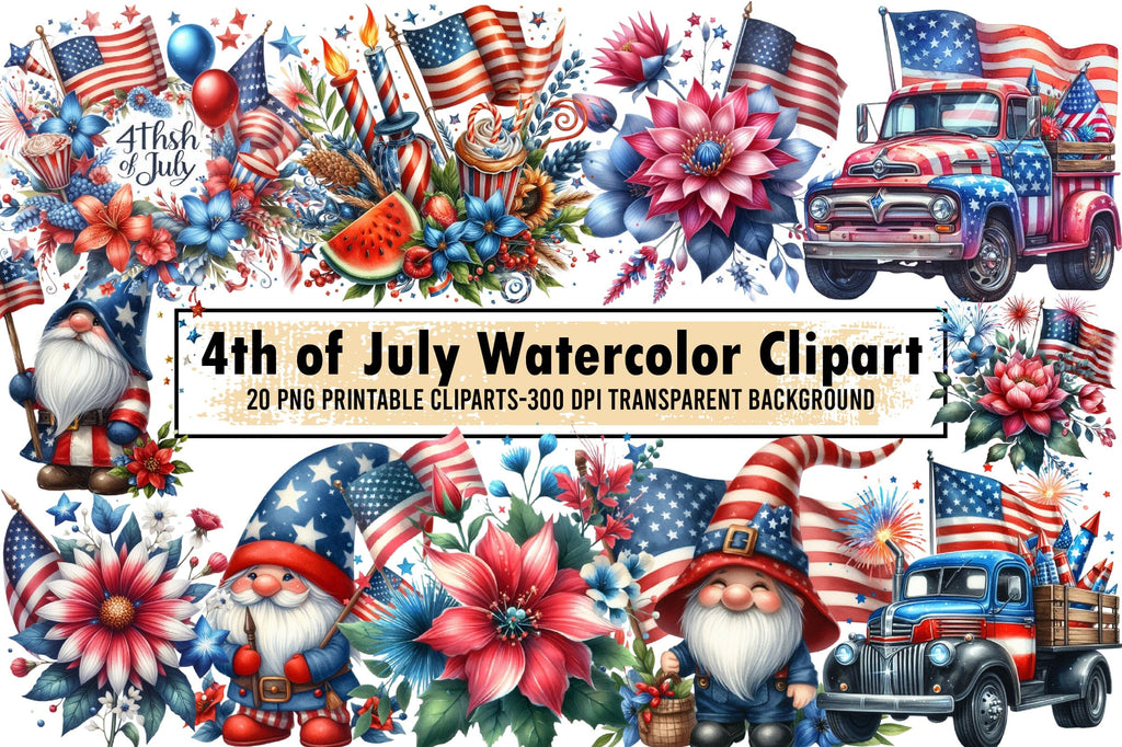 4th of July Watercolor Clipart Bundle - So Fontsy