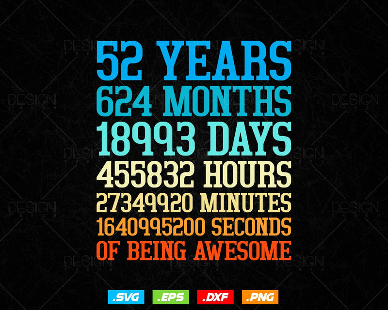 52 Years Of Being Awesome Birthday Svg Png, Retro Vintage Style Happy ...