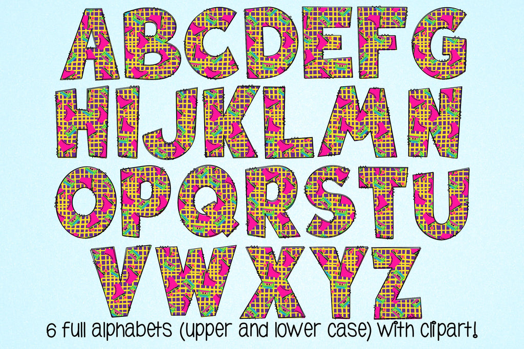 80s Doodle Alphabet, 80s Retro Alpha Set With Clipart PNG - So Fontsy