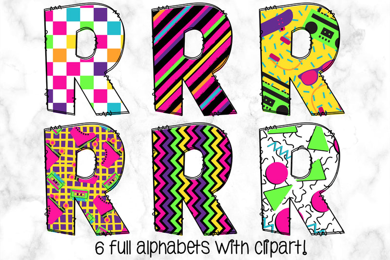 80s Doodle Alphabet, 80s Retro Alpha Set With Clipart PNG - So Fontsy
